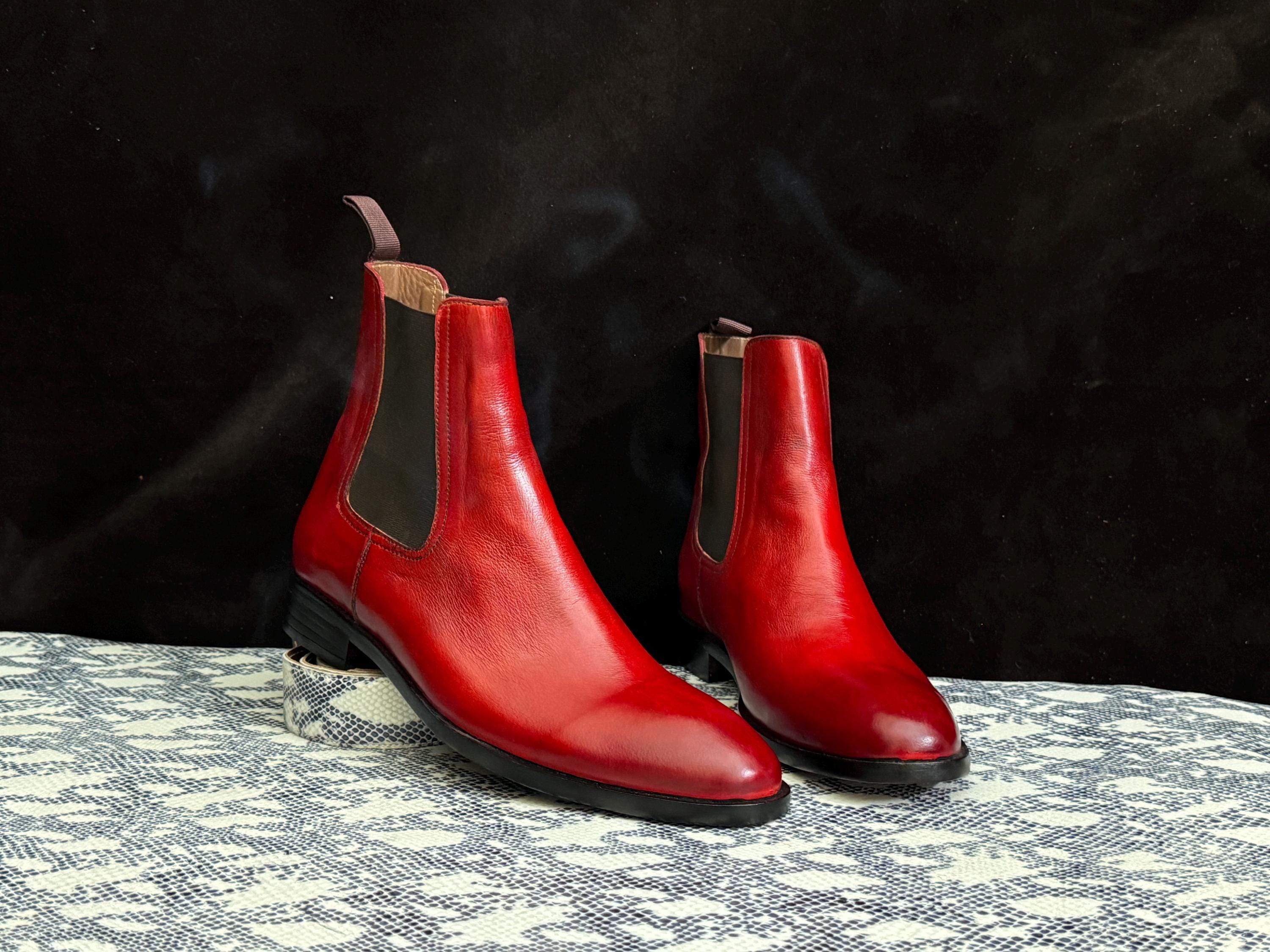 Handmade Red Chelsea Boots for Men in Cowhide Leather Goodyear Welted ...