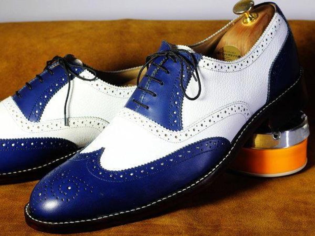 Handmade Men's White & Blue Wingtip Brogue Shoes– Premium Cowhide ...