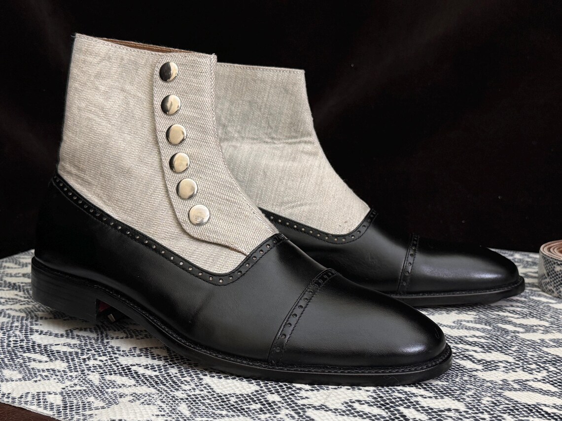 Handmade Cap Toe Button Top Tweed and Black Beige Cowhide Leather Boot ...