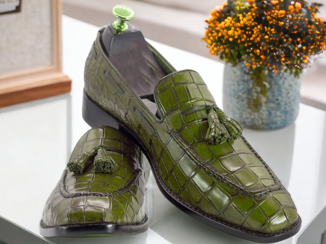 Hand Painted Square Toe Moccasin Loafer, Men's Slip on Alligator Skin ...