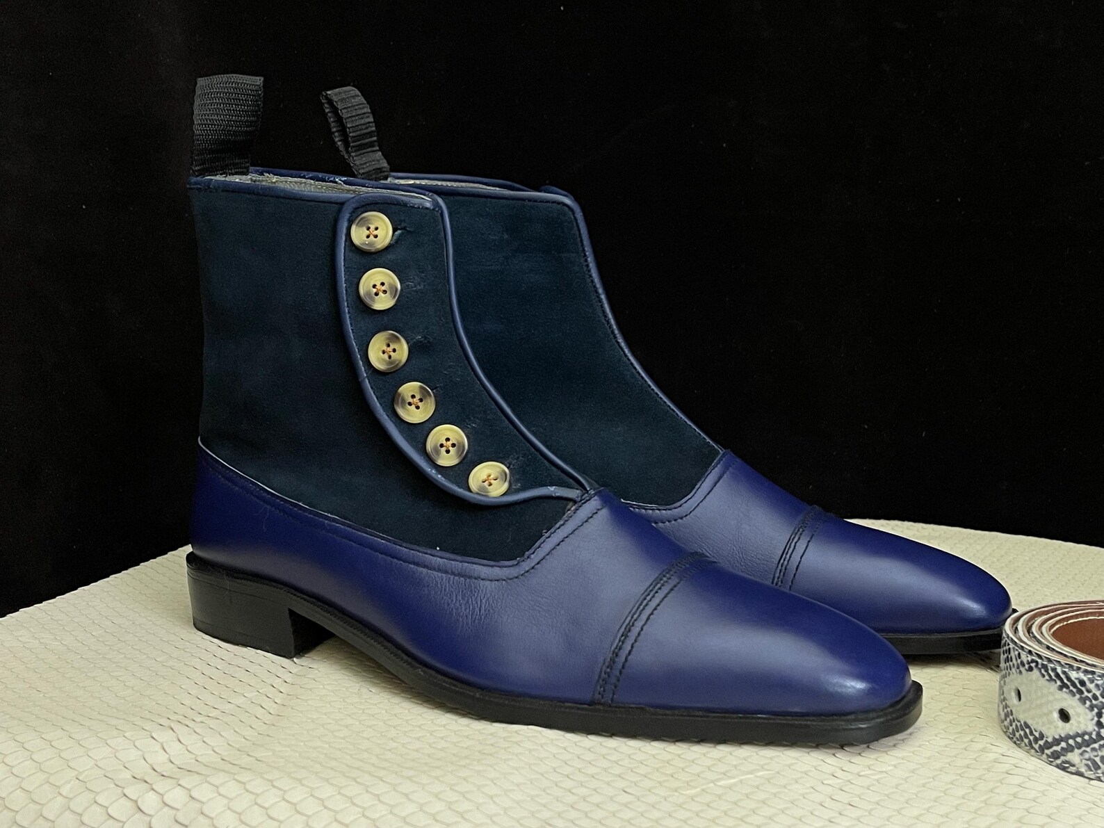 Handmade Blue Button Top Cap Toe Boots for Men Premium Cowhide Leather ...