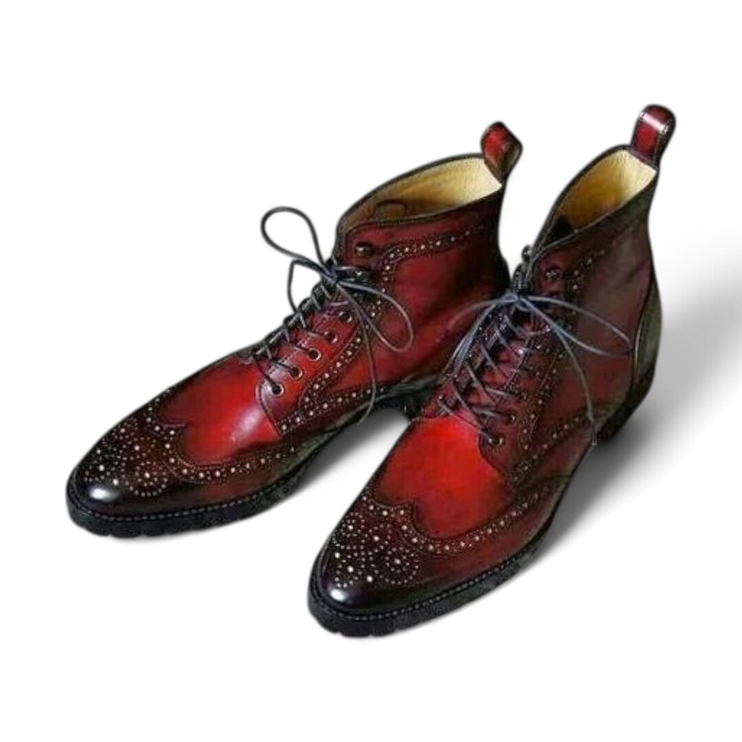 Handmade Men's Red Leather Wingtip Brogue Boots – Vintage Lace-up Ankle ...