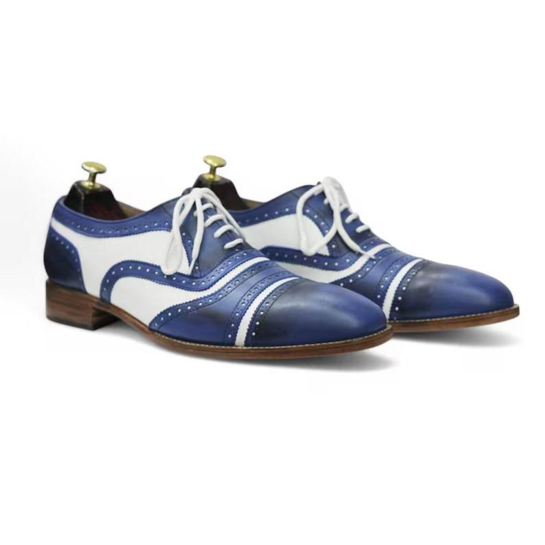 Handmade Blue & White Leather Spectator Shoes | Genuine Leather Luxury ...