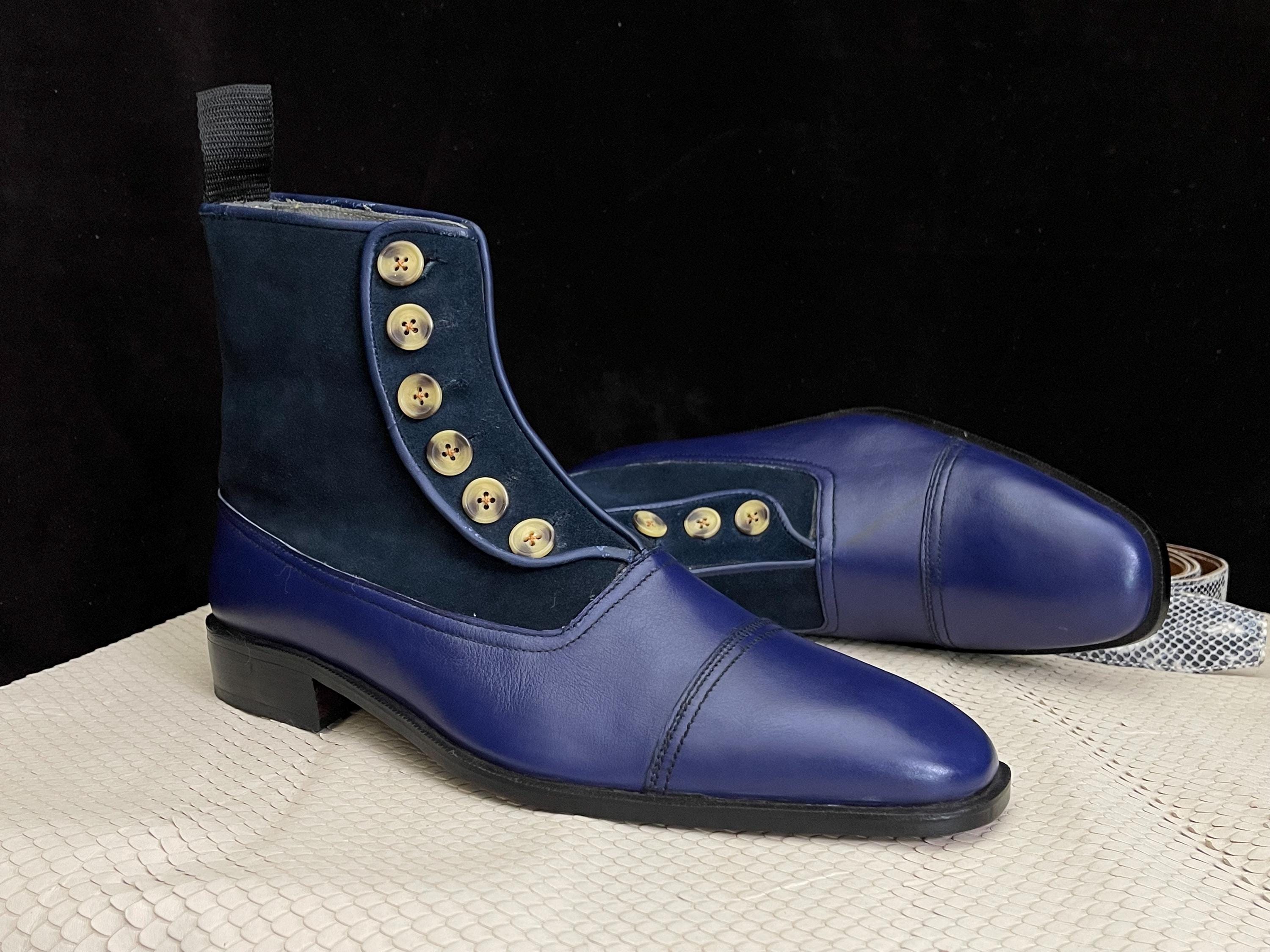Handmade Blue Button Top Cap Toe Boots for Men Premium Cowhide Leather ...