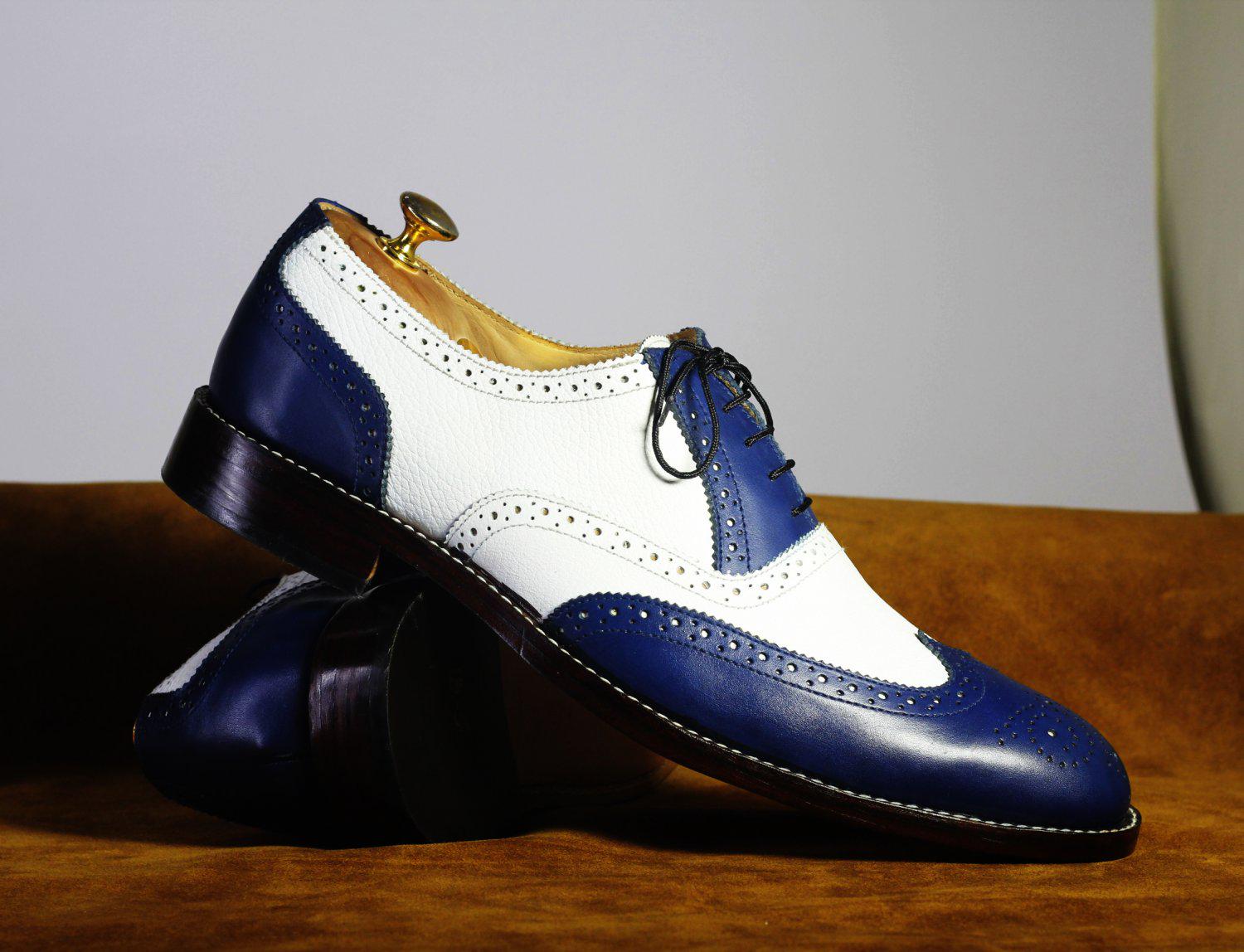 Handmade Men's White & Blue Wingtip Brogue Shoes– Premium Cowhide ...