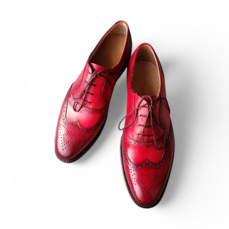 Handmade Men's Red Wingtip Brogue Leather Shoes – Classic Lace-up Dress ...