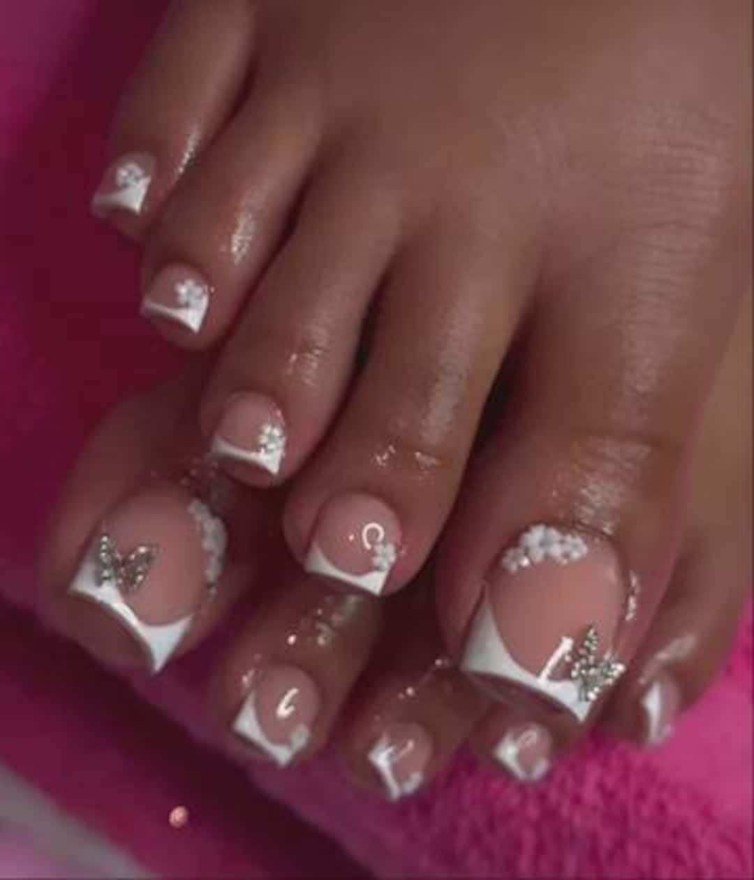 Floral Butterfly Charm French Tip Press on Toe Nails With Charms ...