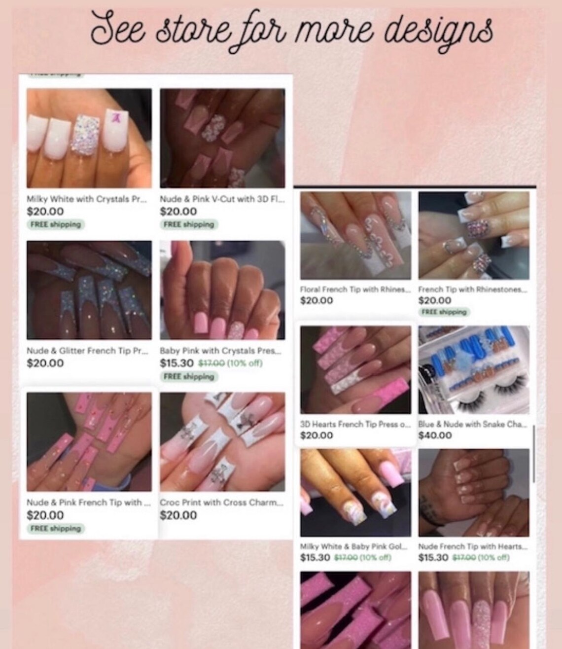 Short Square Bling French Tip Press on Nails With Pink Bow Charms ...
