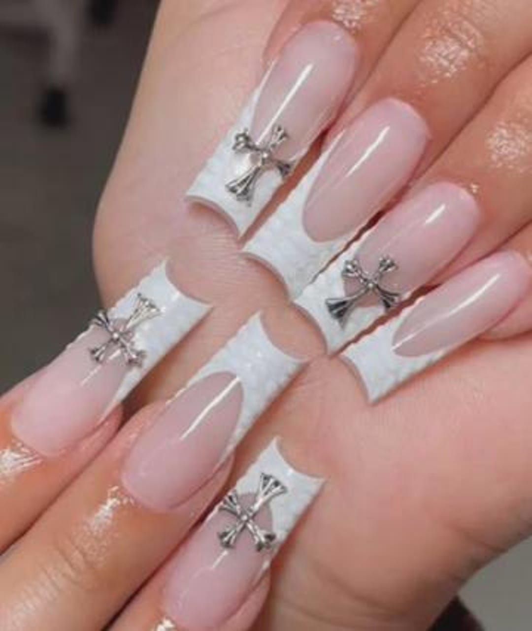 Long Classy White Square Croc French Tip Press on Nails With Cross ...