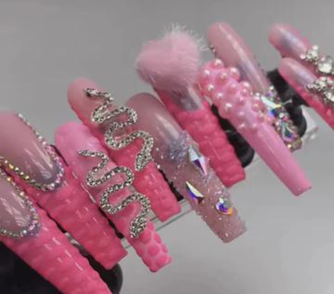 Xlong Pink Croc Print French Tip With Pearls and Charms Press on Nails ...