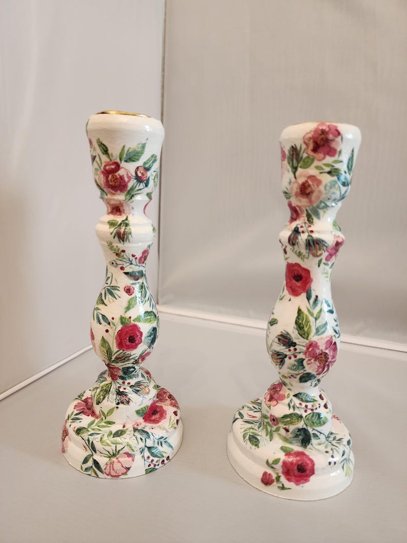 Wooden Flowered Candlesticks - Etsy