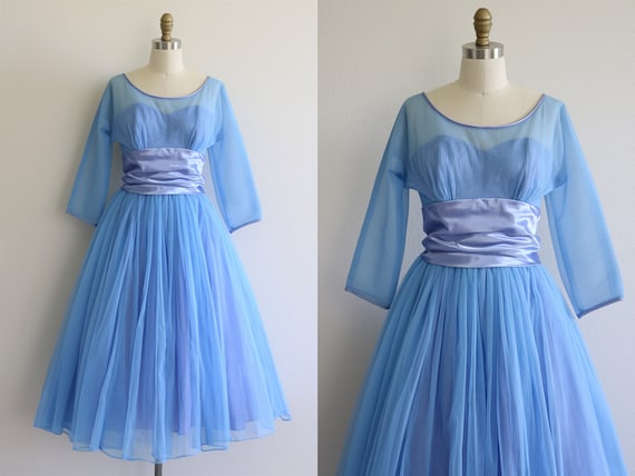 1950s Dress Blue Lavender Prom Cup Cake Dress Full Sk… - Gem