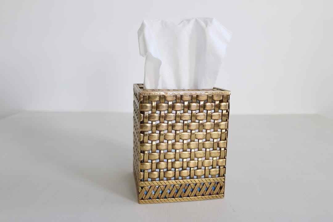 Brass Tissue Box Cover Fancy Gold Woven Pattern MCM Mid Century Bath ...