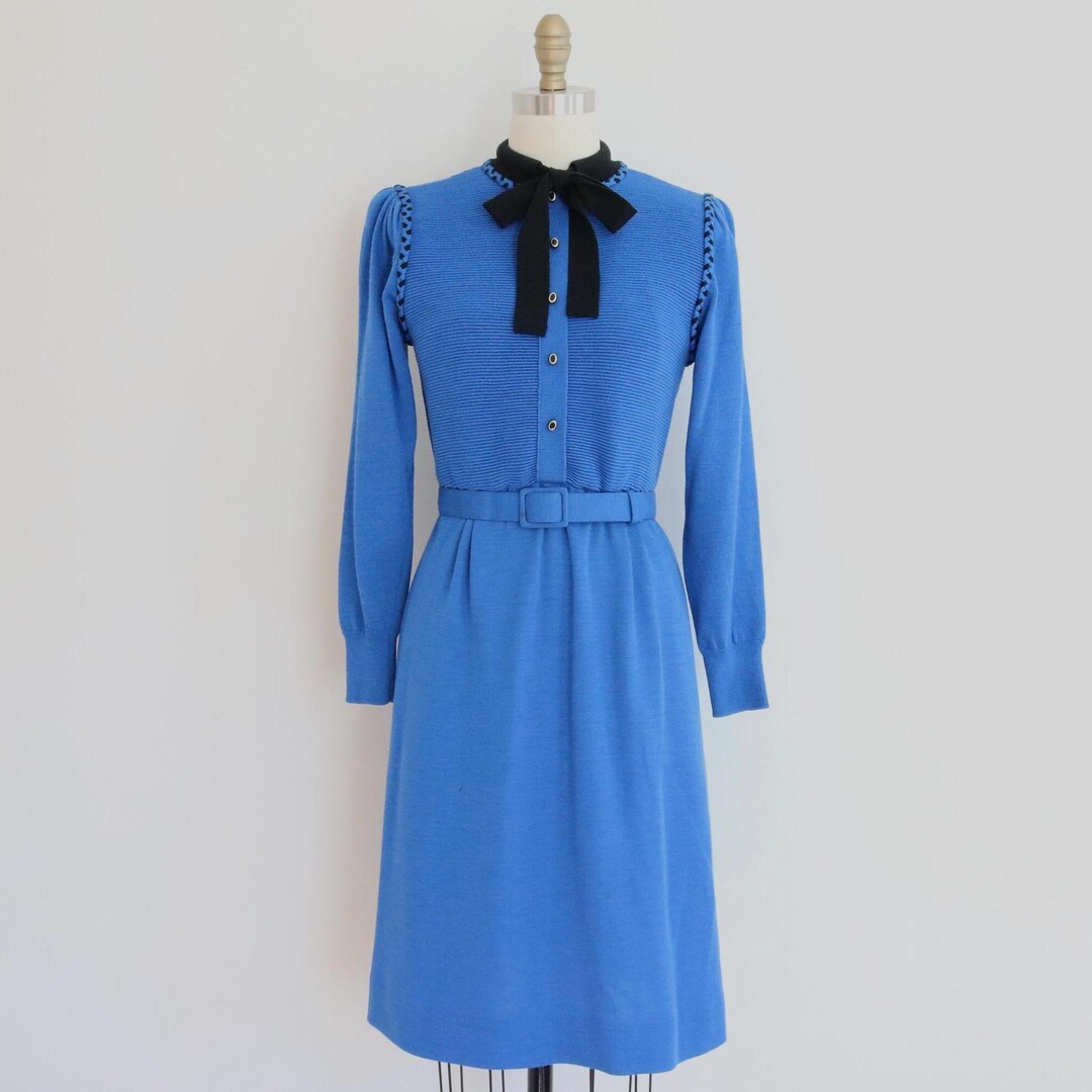 Vintage 1980s Blue Knit Sweater Dress Bodycon Wool Work Secretary Dress ...