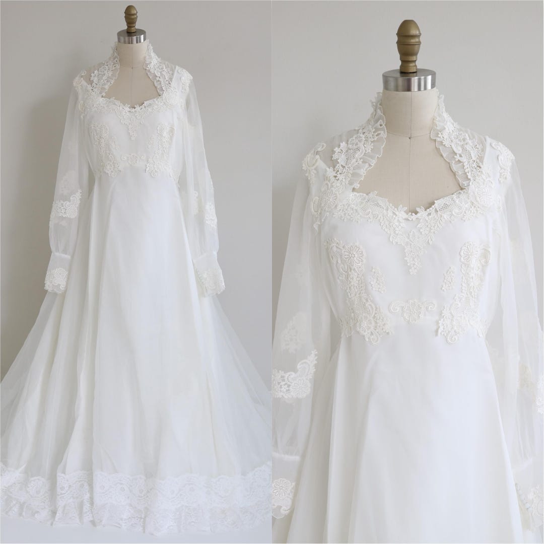 Vintage 1970s Boho Lace Wedding Dress: Queen Anne Collar, Chiffon Train ...