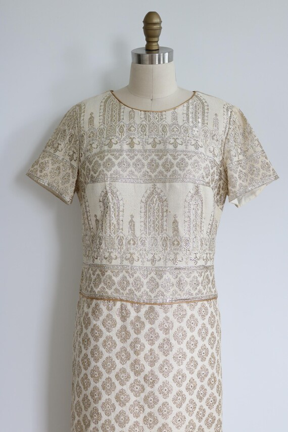 1960s Gold and Silver Lame Sheath Shift Short Sleeve … - Gem