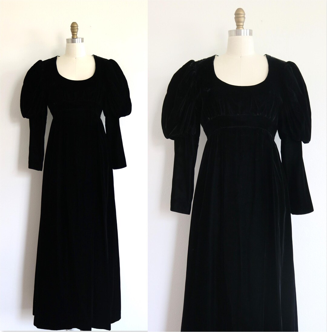 Vintage Black Velvet Leg O Mutton Long Sleeves Dress Full Length Formal ...