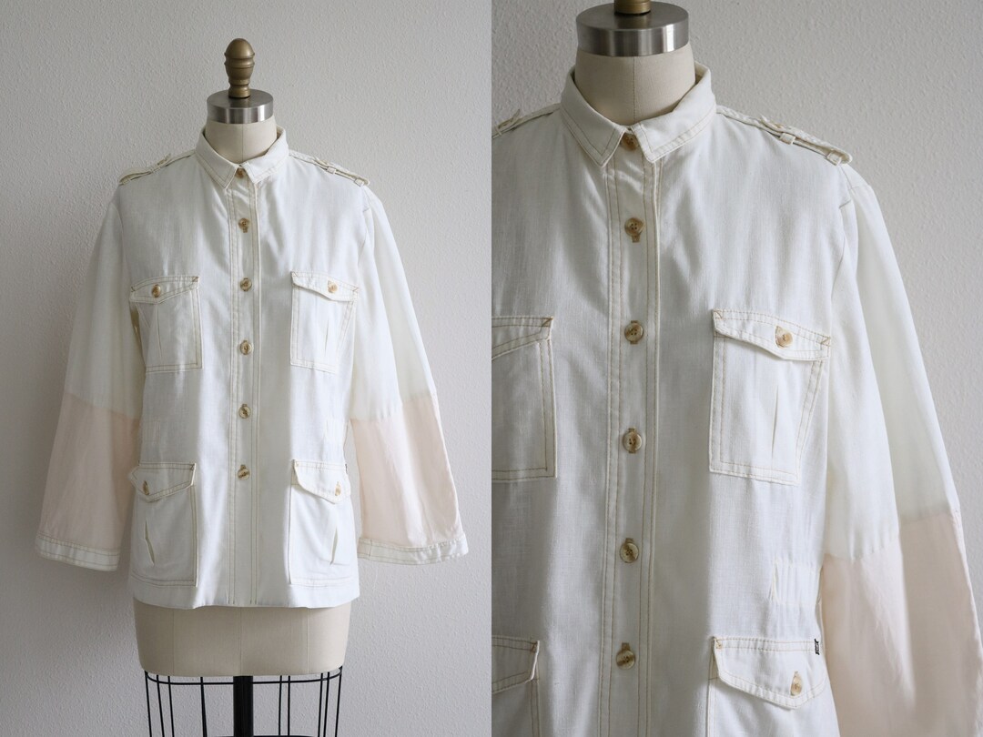 White Chore Utility Jacket Work Jacket Cotton Safari Jacket Long Sleeve ...