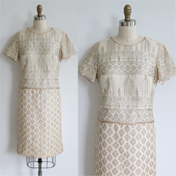 1960s Gold and Silver Lame Sheath Shift Short Sleeve … - Gem
