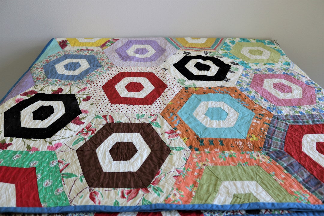 Antique Hexagon Quilt: Hand-stitched Feed Sack Fabric, Cabin Decor ...