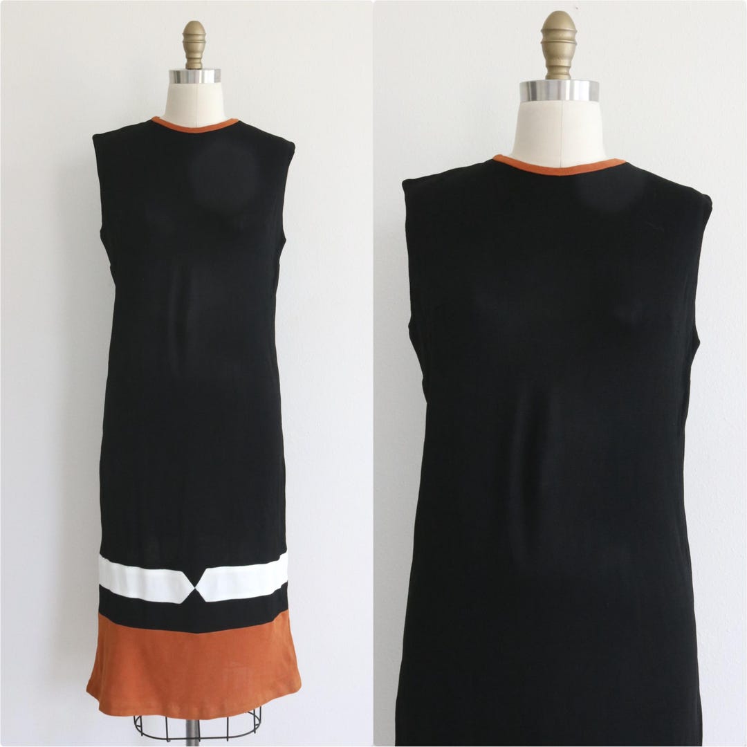 1960s Black Knit Mod Dress Sheath Shift Dress Color Block Sleeveless ...