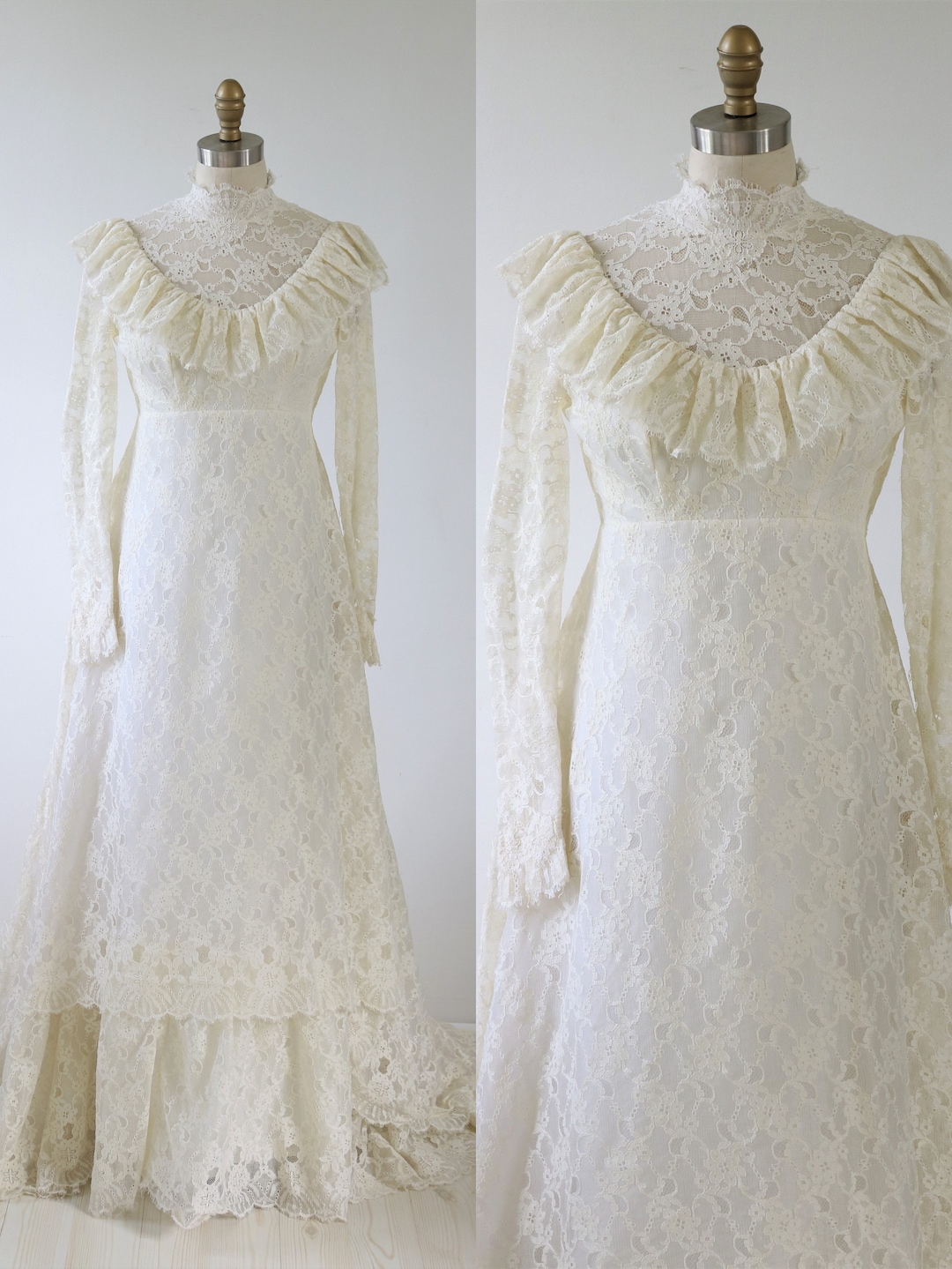 Vintage Boho Wedding Dress 1970s Lace Frilly Long Sleeves Collared High