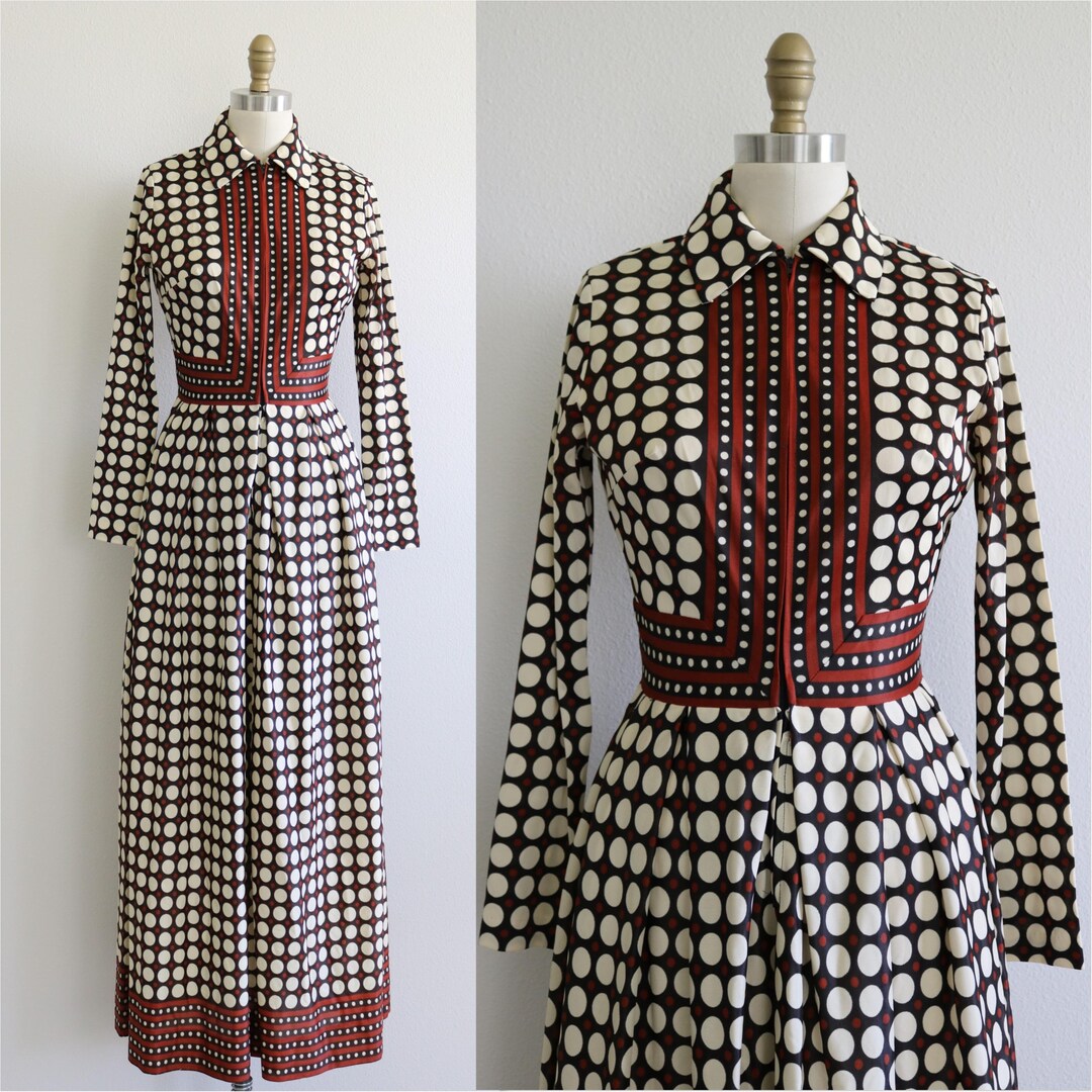 Mod Maxi Hostess Dress Nancy Greer Long Sleeves Geometric Print Vintage ...
