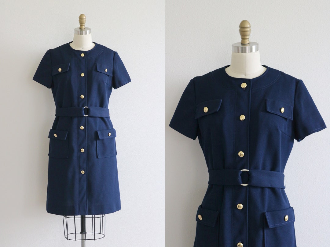 Navy Blue Dress Gold Buttons Nautical Sheath Shift Shirtdress Short ...