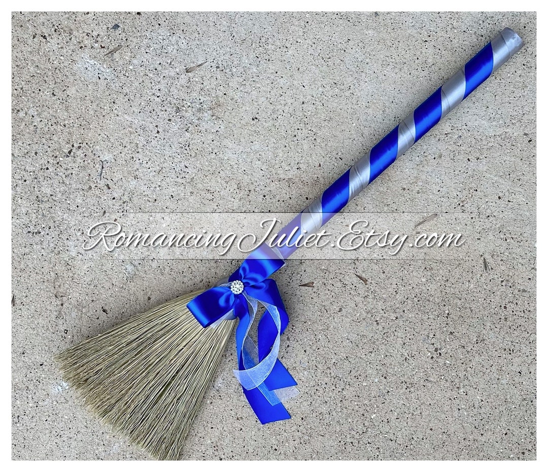 Classic Jump Broom With Rhinestone Accent ..shown in Silver Gray/royal ...