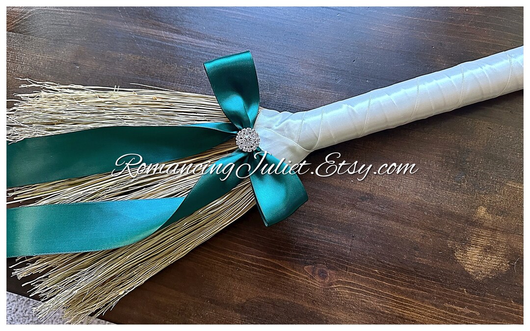 Classic Jump Broom Made .. You Choose the Colors ..shown in Ivory/teal ...