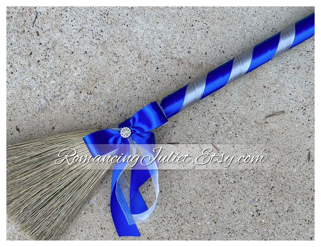 Classic Jump Broom With Rhinestone Accent ..shown in Silver Gray/royal ...