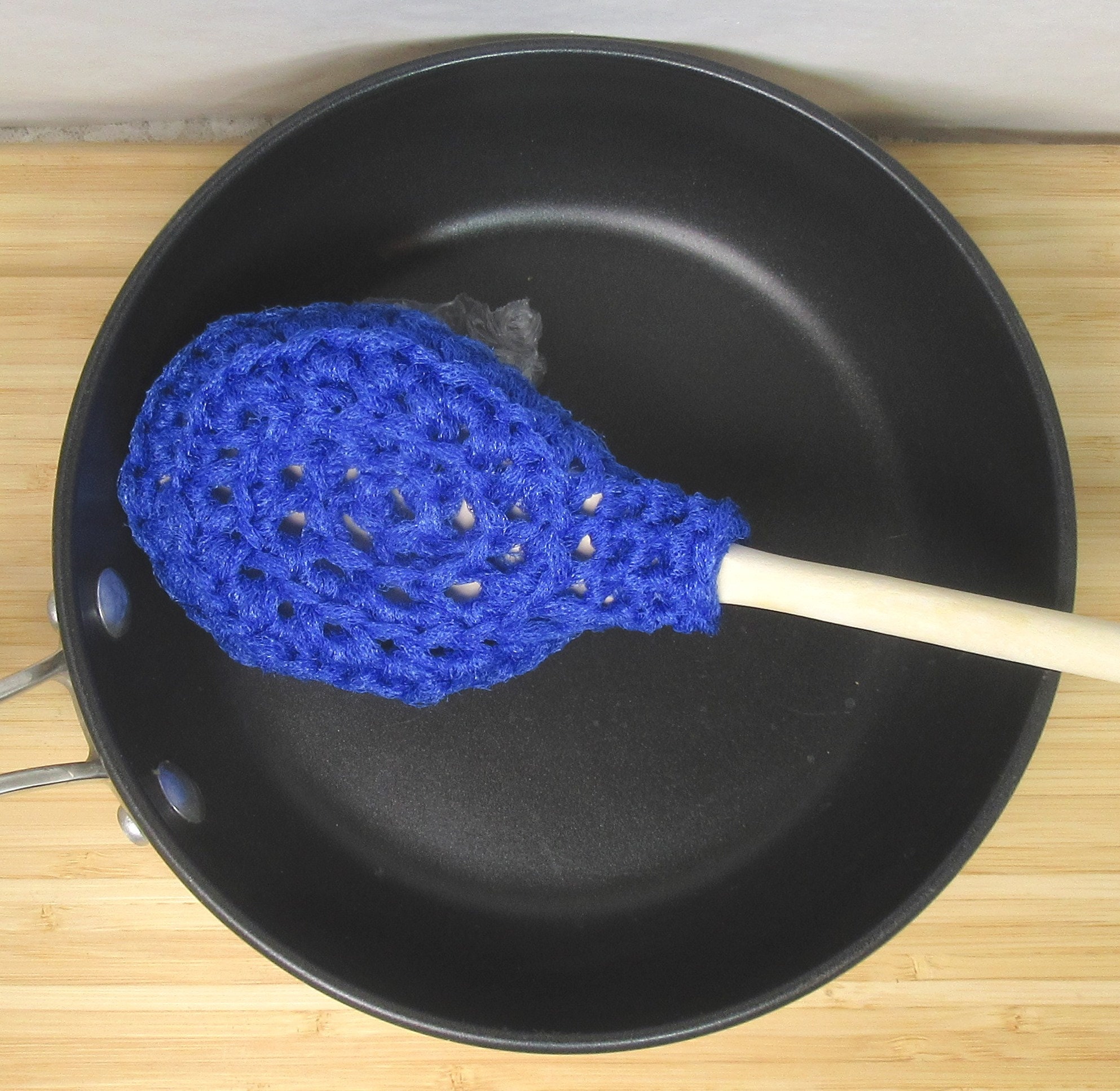 Crocheted Nylon Pot Scrubber on Wooden Spoon: Eco-friendly Dish ...