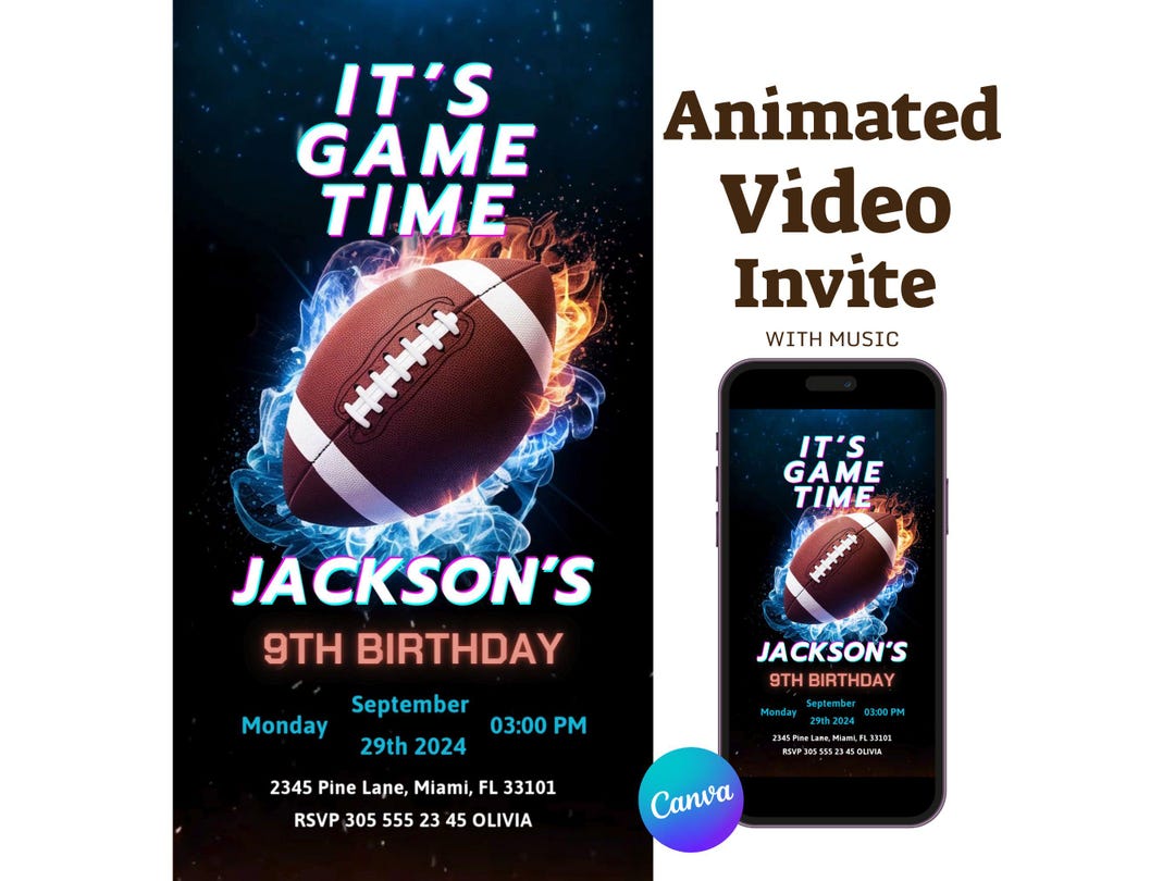 Editable Football Game Time Any Age Birthday Animated Video Invite ...