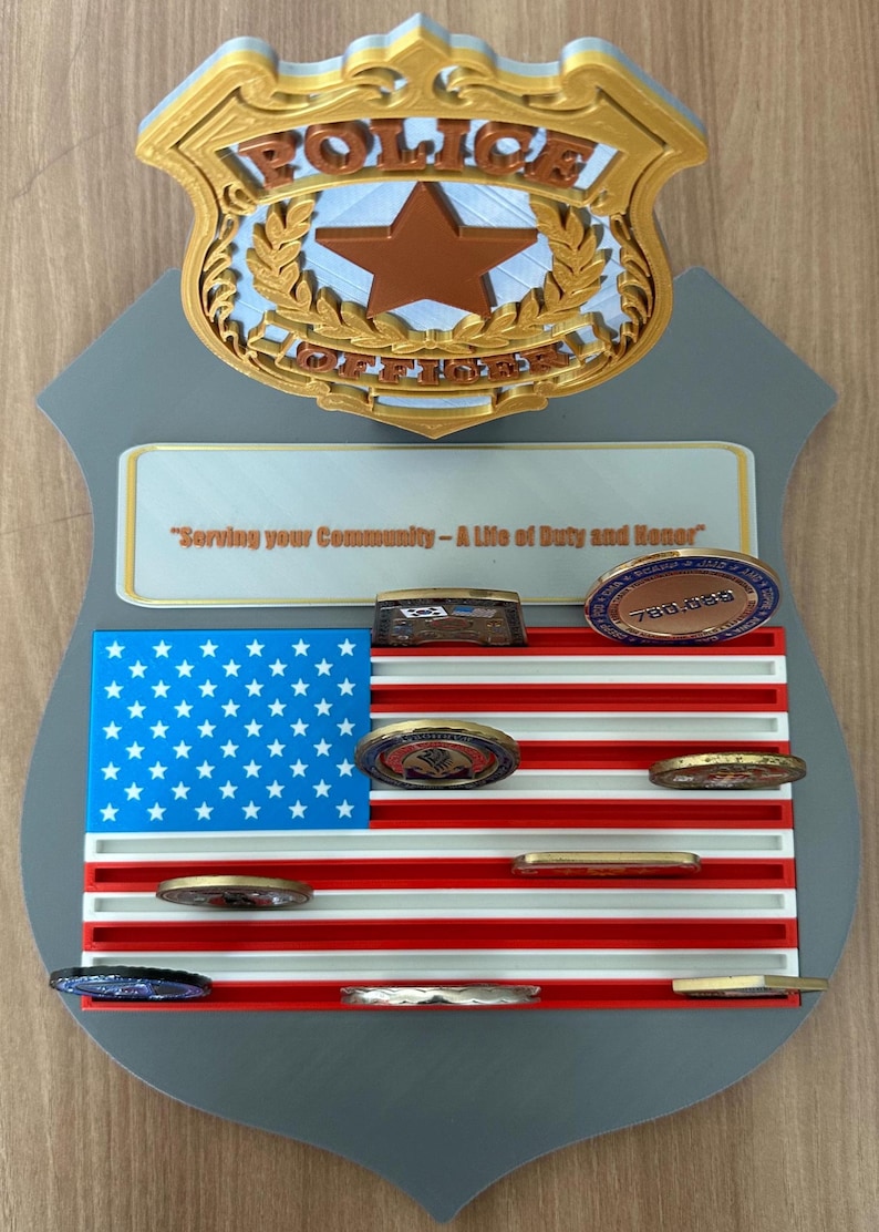 3D Printed Police Challenge Coin Holder: Gray Shield, Gold Badge ...