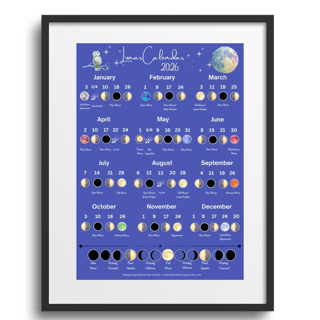 2026 Lunar Calendar | Moon Phases • Eclipses • Meteor Showers | Blue ...