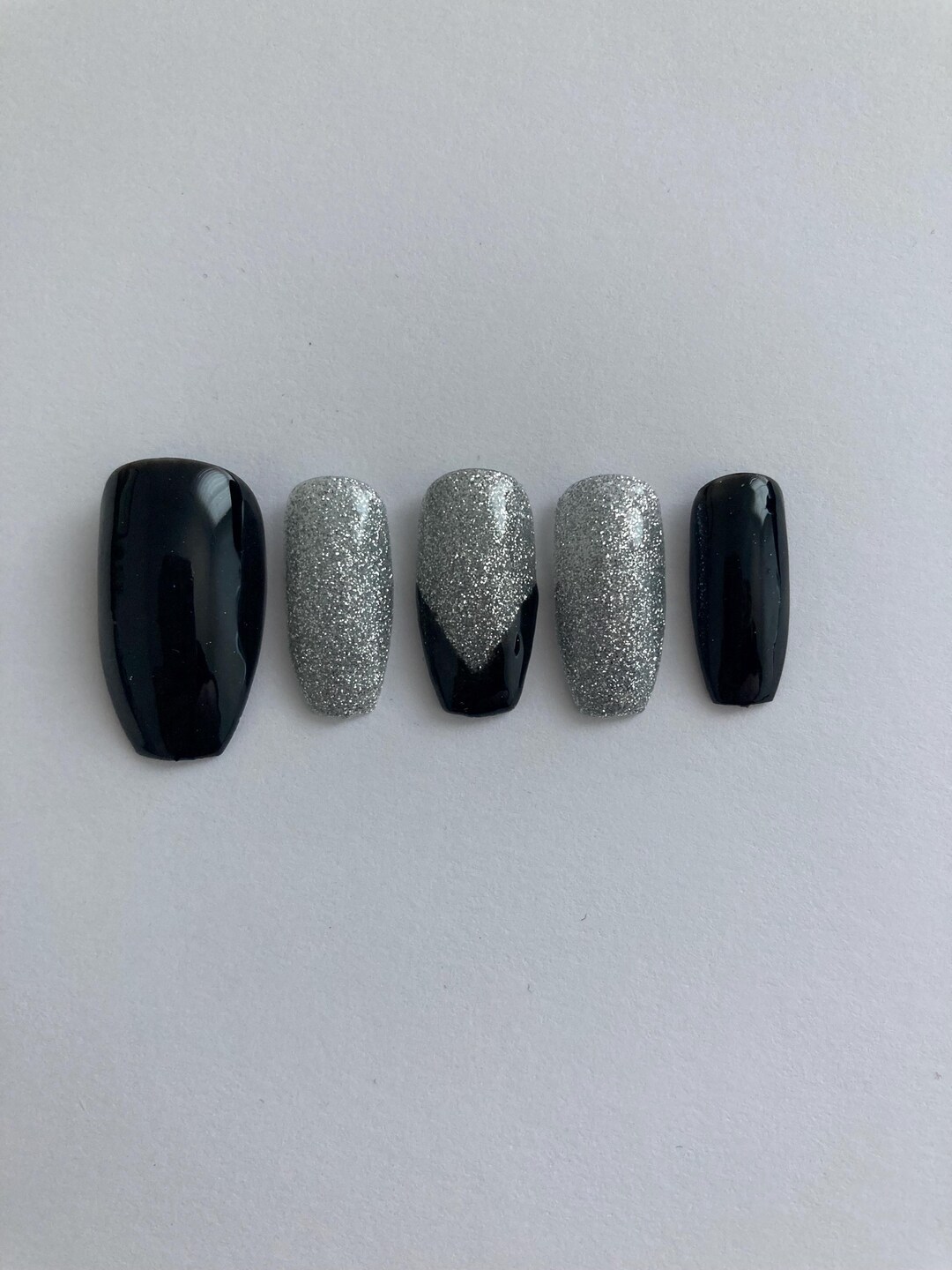 Serious Black & Silver Cascade French Design Press on Nails - Etsy