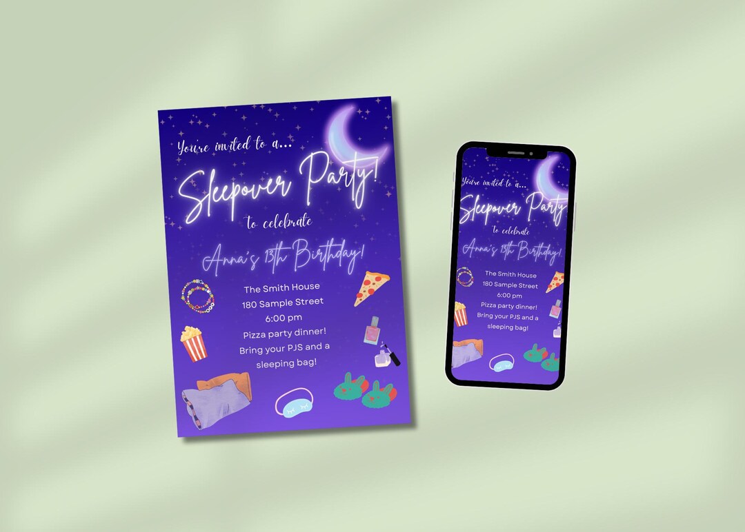 Editable Printable Sleepover Birthday Slumber Party Digital Invitation ...