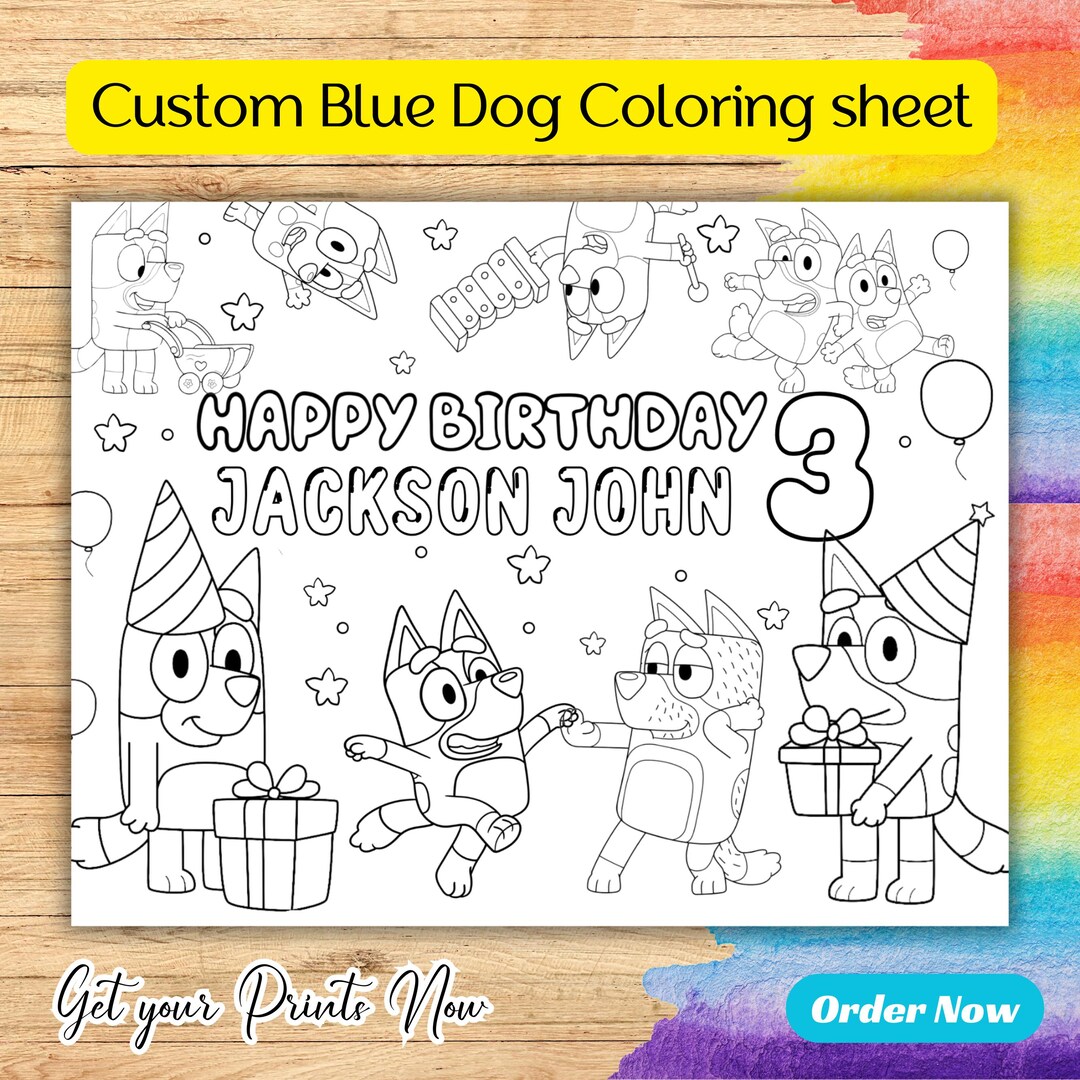 Customizable Blue Dog Birthday Coloring Sheet Printable Gift, Activity ...