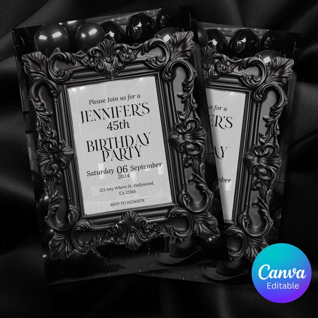 Black Party Invite, Dark Gothic Birthday Invitation, All Black ...