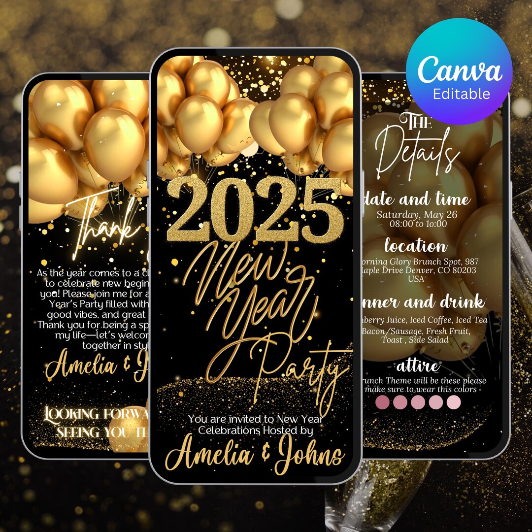 Editable New Year Invitation, 2025 New Year Invitation, NYE 2025 ...