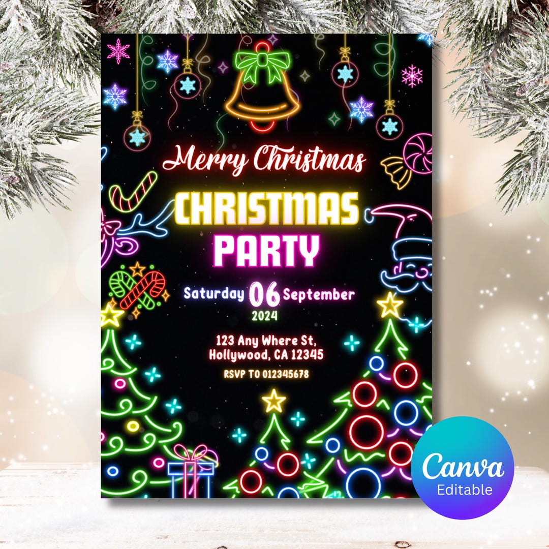 Editable Neon Christmas Party Invitation, DIGITAL Holiday Party Invite ...