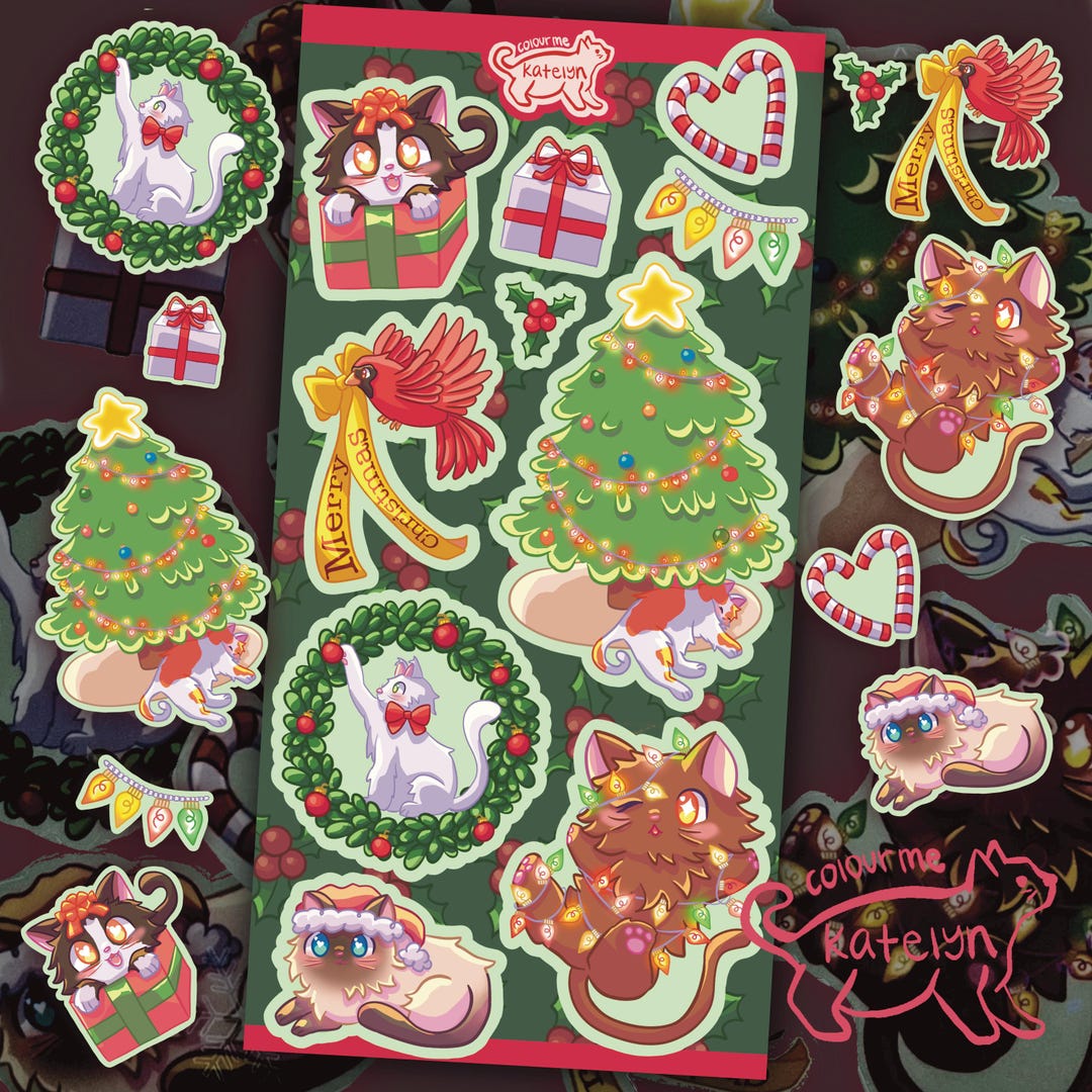 Christmas Cats Sticker Sheet | Kitty, Christmas Tag, Santa, Cat ...