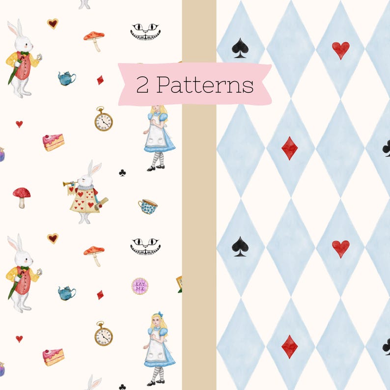Alice in Wonderland Seamless Pattern, Watercolor Tea Party (digital ...