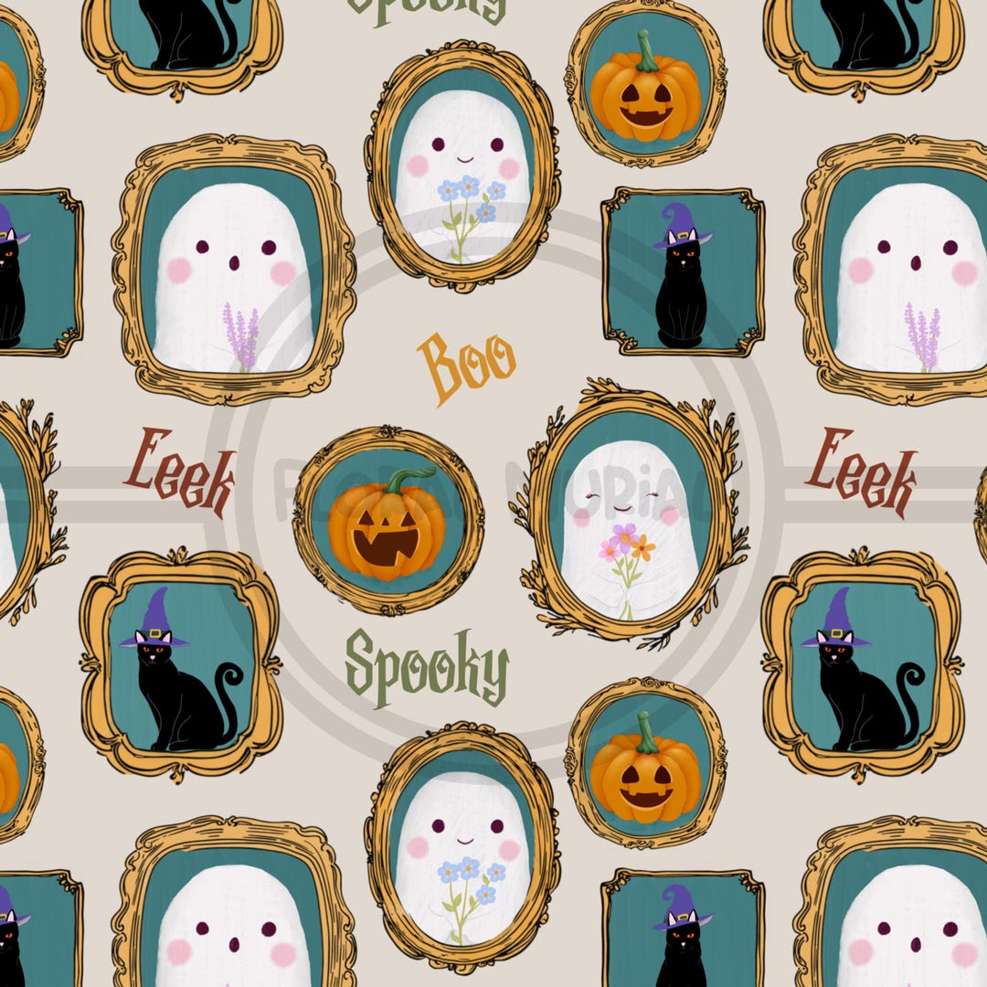 Whimsical Halloween Seamless Pattern With Cute Ghosts, Black Cats ...