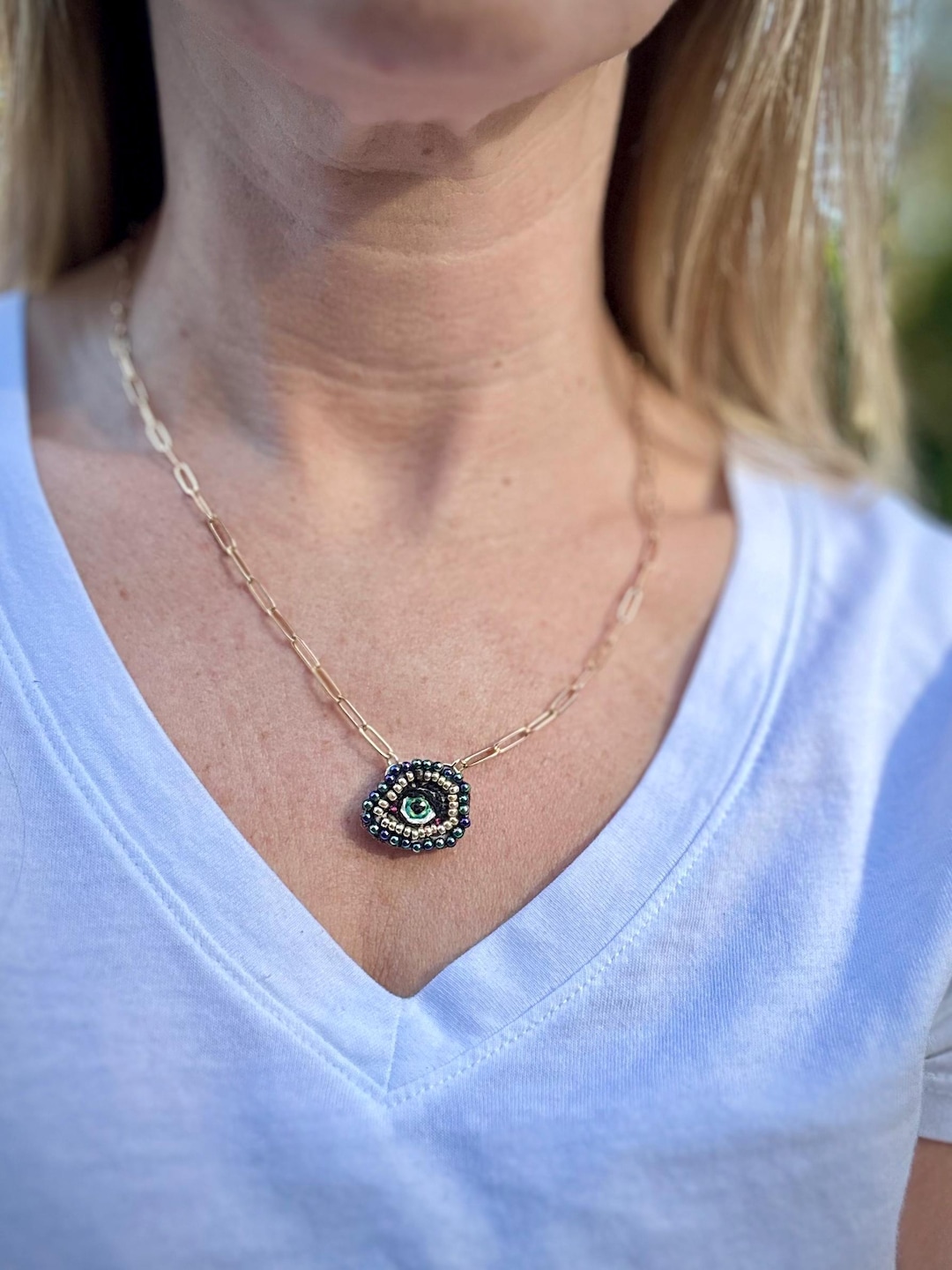 Embroidered and Beaded Green Evil Eye Pendant Necklace, Laura Lab ...