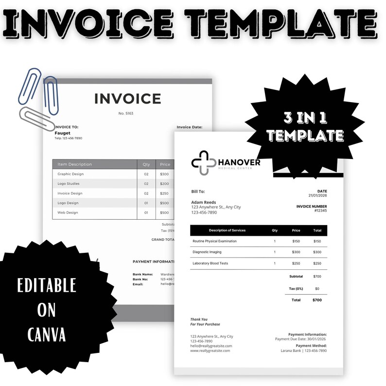 3 in 1 Black and White Invoice Templates Editable Invoice Template ...