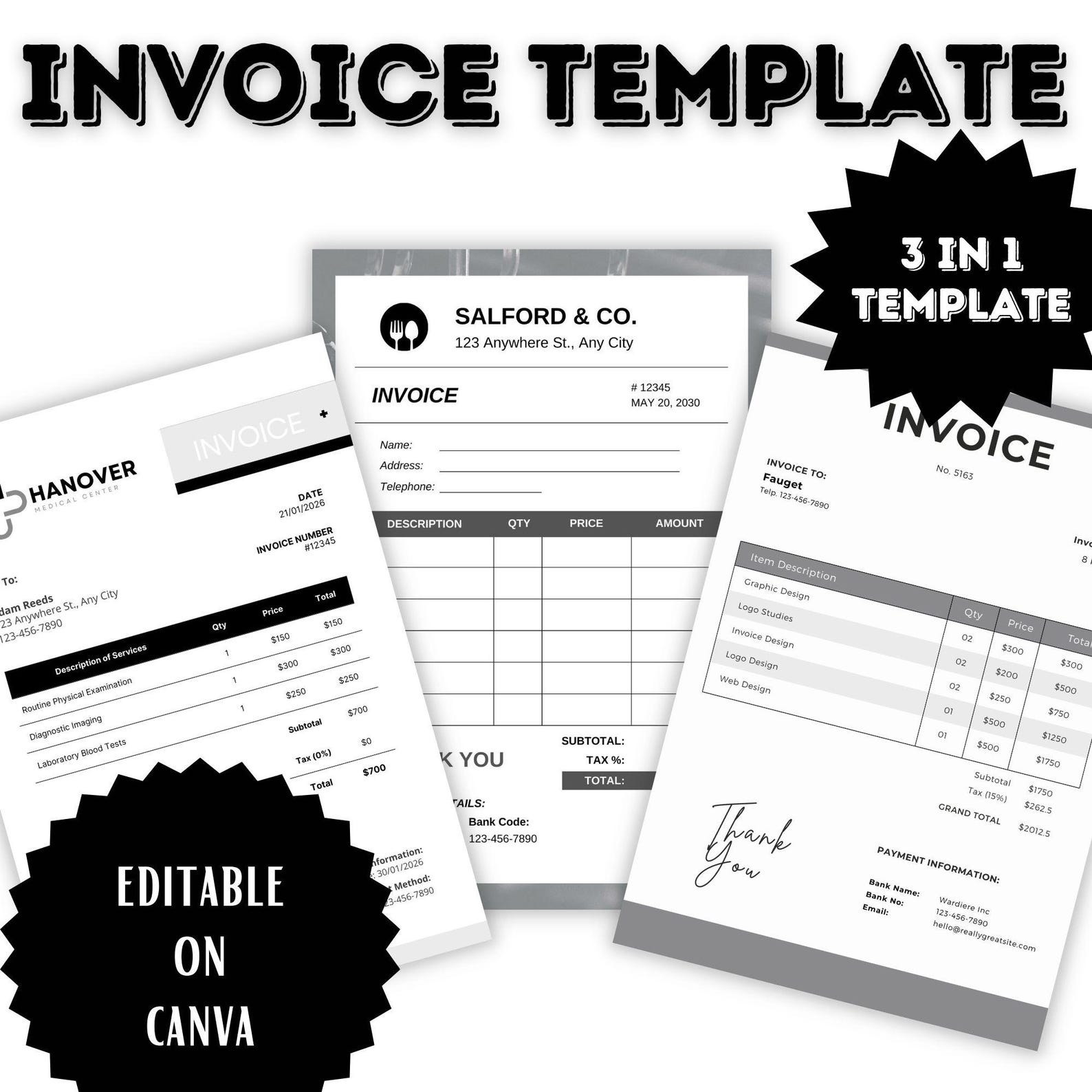 3 in 1 Black and White Invoice Templates Editable Invoice Template ...