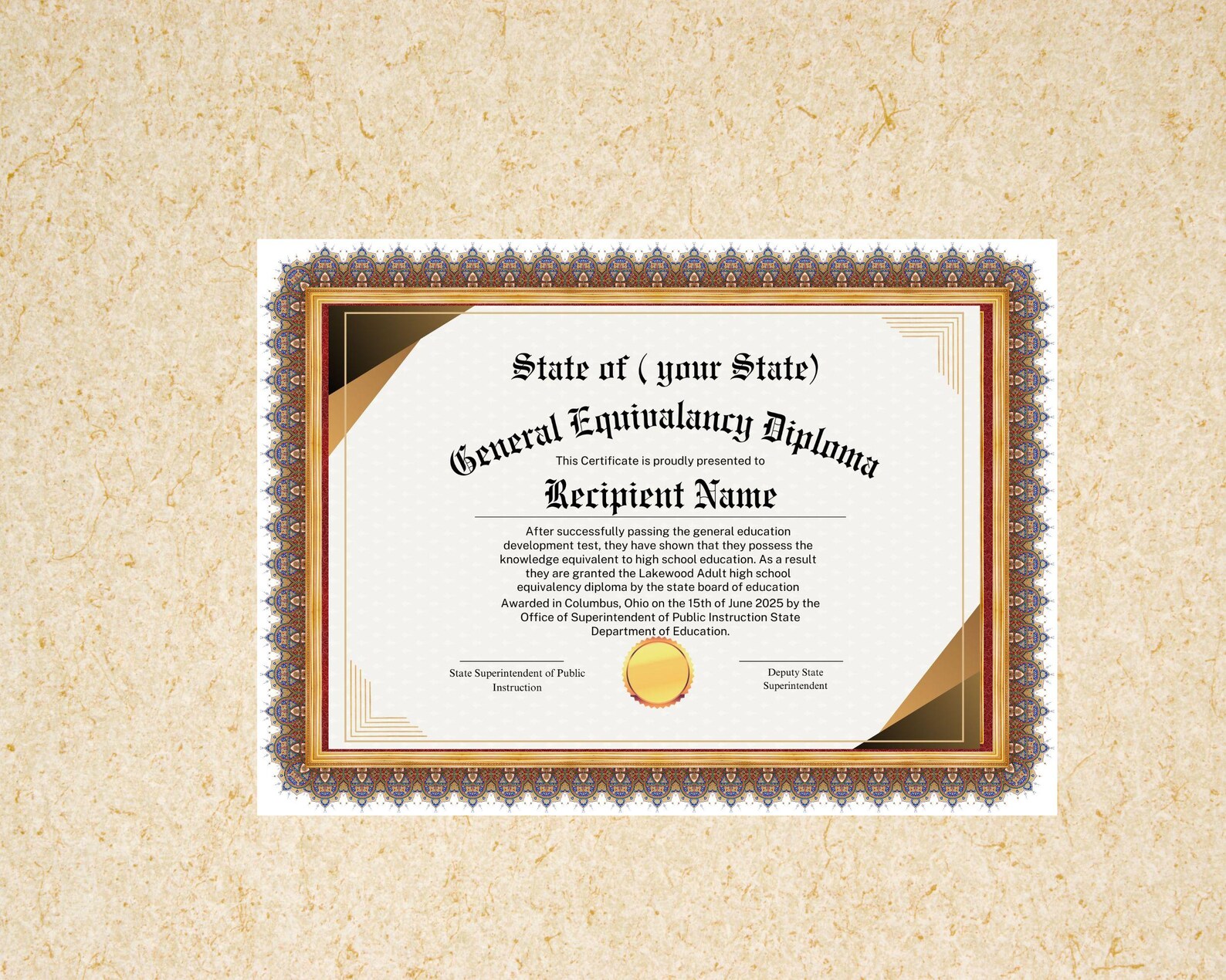 Printable GED Diploma Template, High School Diploma, School Equivalency ...