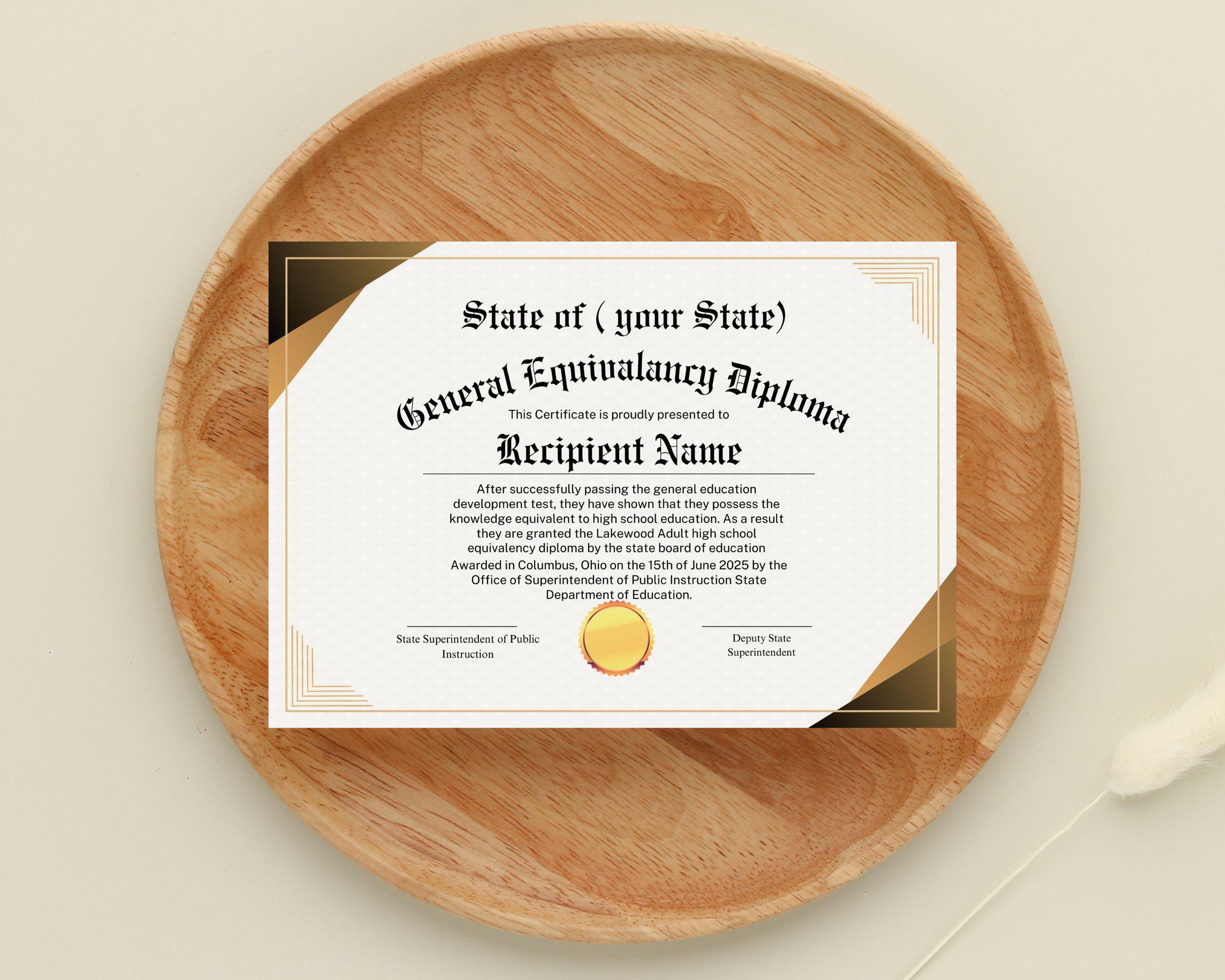 Printable GED Diploma Template, High School Diploma, School Equivalency ...