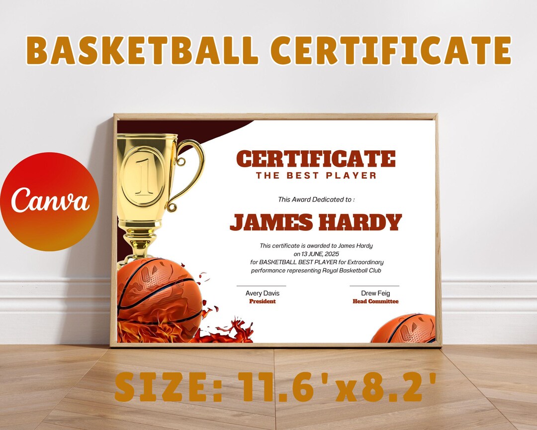 Basketball Awards, Editable Certificate Canva Template, Team Party ...